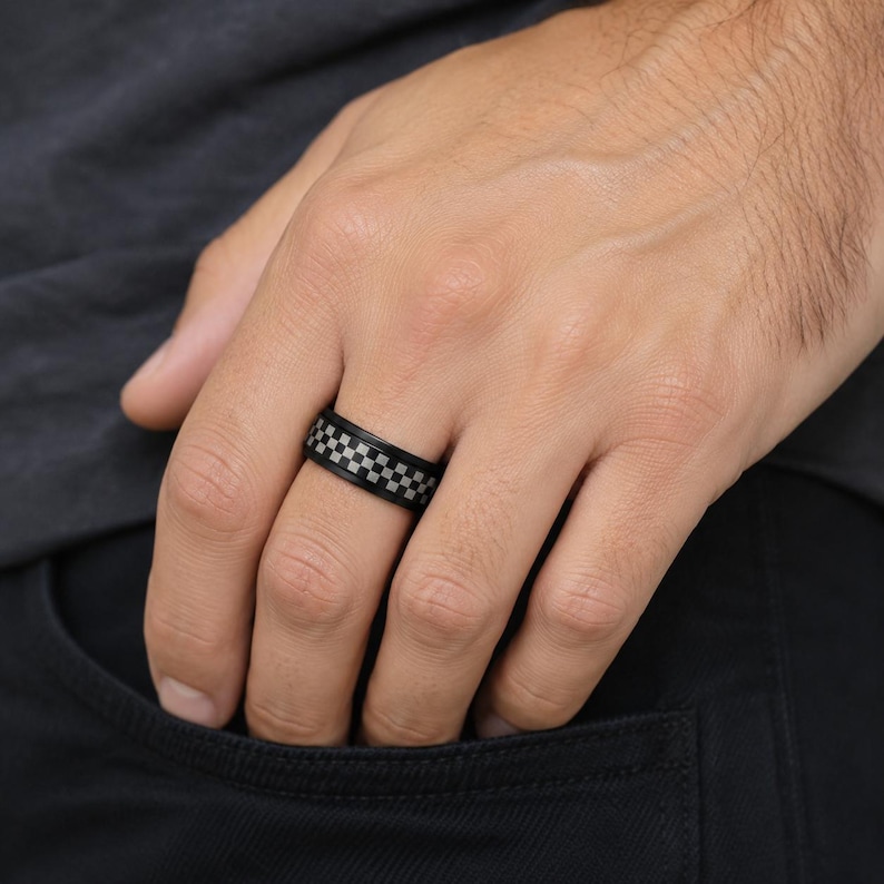 Fidget Ring | Black Checkered Spinner Ring | Stainless Steel Spinner ...