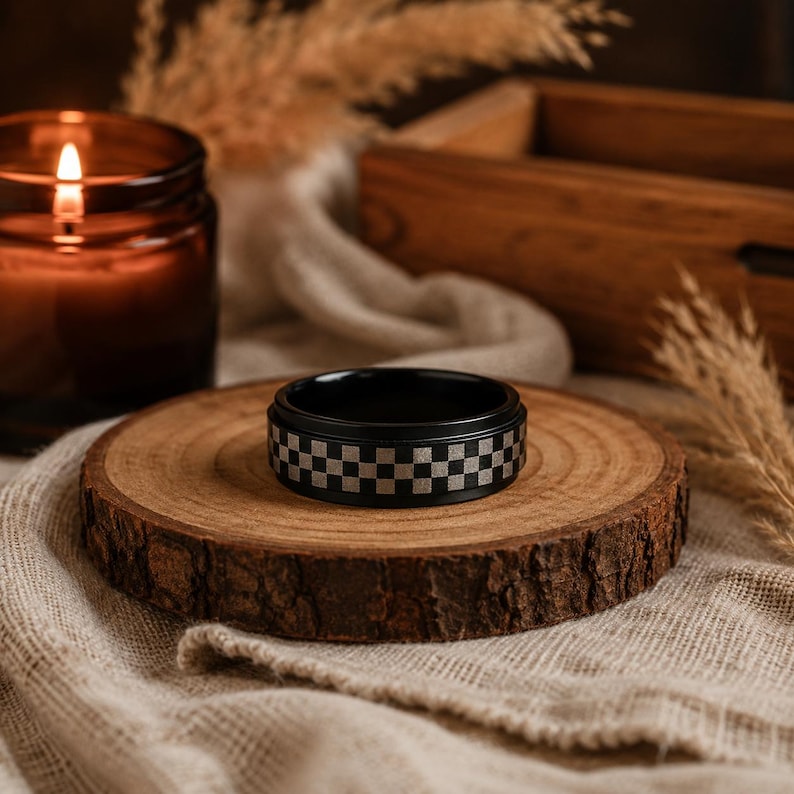 Fidget Ring | Black Checkered Spinner Ring | Stainless Steel Spinner ...