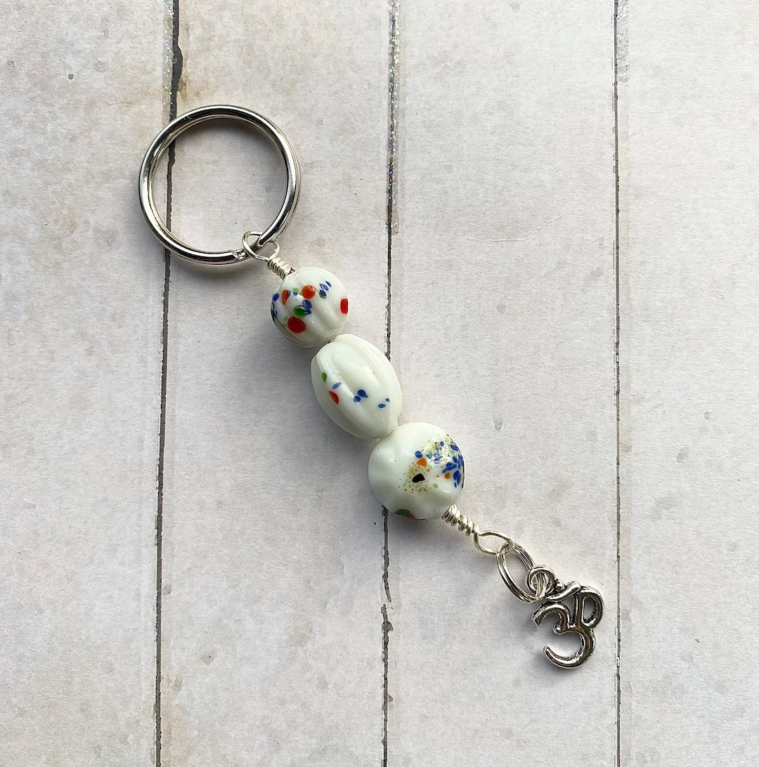 Silver Ohm Keychain Fob Jewelry Purse Accessory With Milk Glass Beads ...