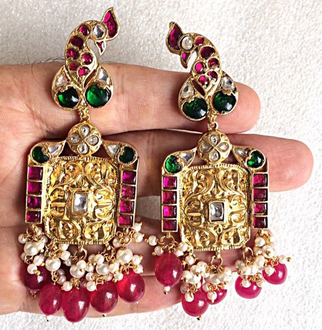 925 Silver Gold Plated Earrings Temple Jewelry for Women Jadau Kundan ...