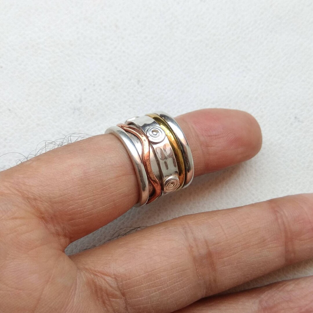 925 Sterling Silver Hammered Thumb Ring , Free Moving Brass, Copper ...