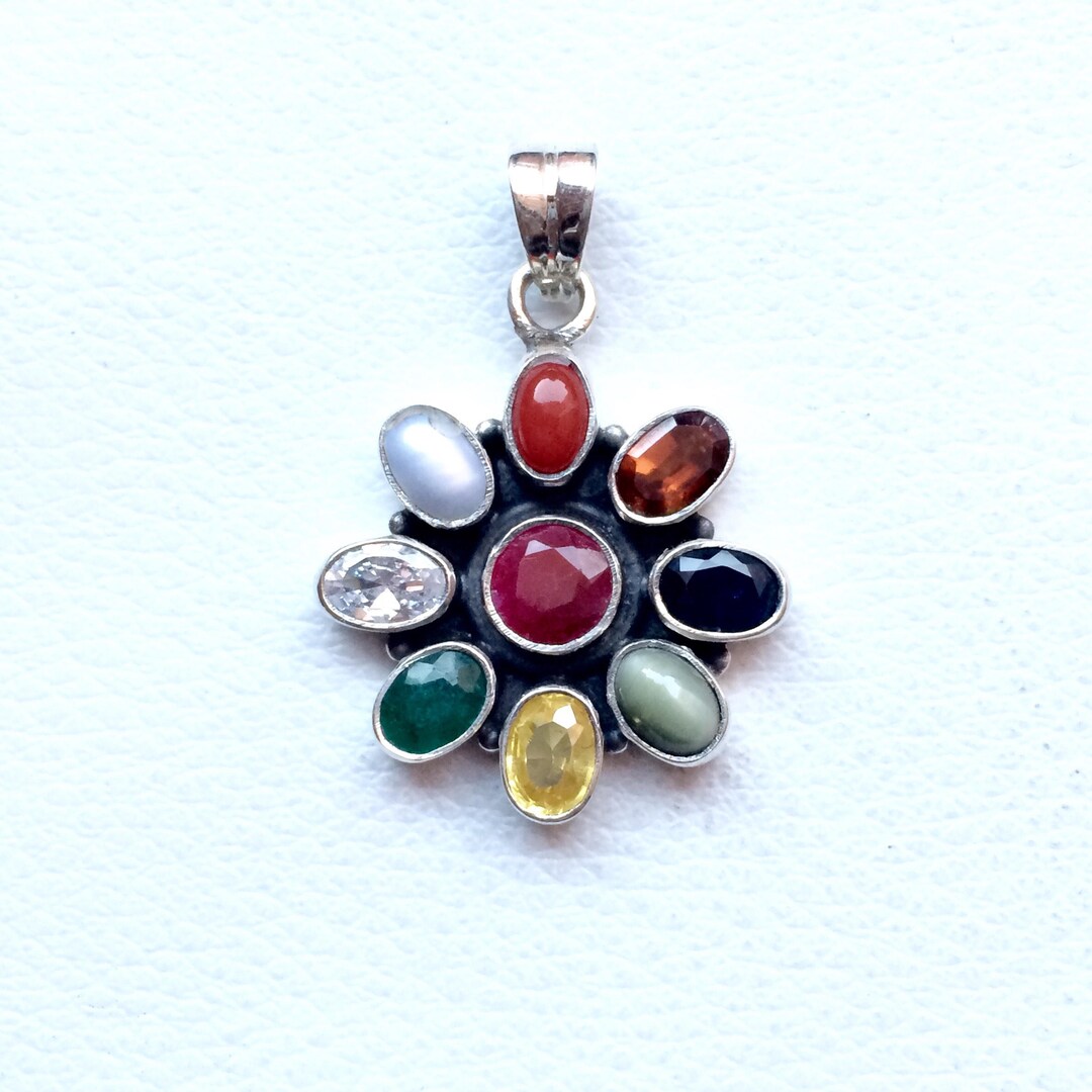 Navratana Gemstones Pandent 925 Sterling Silver Jewelry Studded ...