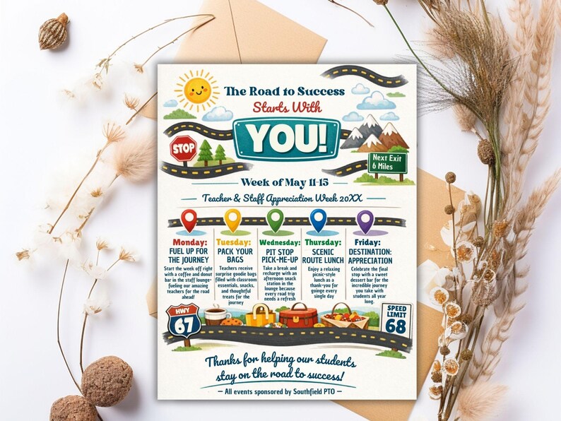 Editable Road Trip Teacher & Staff Appreciation Week Travel Itinerary ...