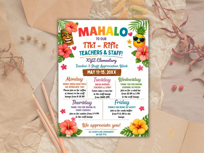 Editable Hawaiian Themed Teacher Appreciation Week Itinerary Beach ...
