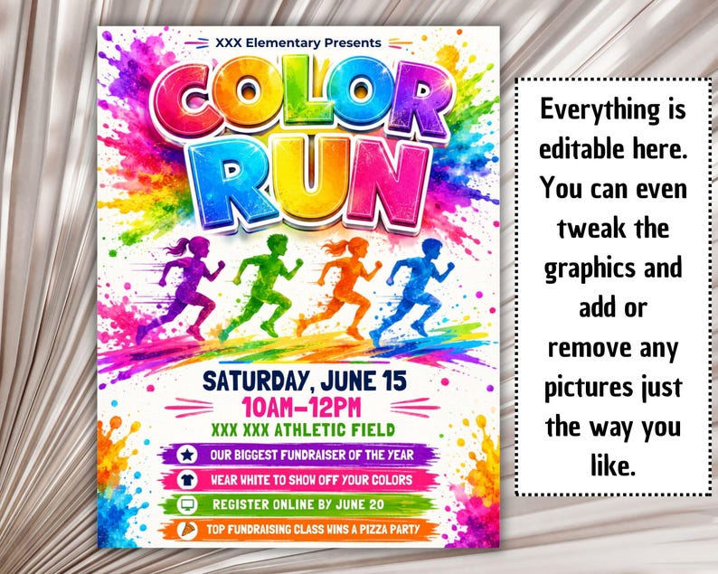 Color Run Flyer Template Editable in Canva | School Fundraiser Fun Run ...