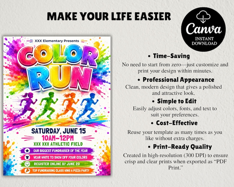 Color Run Flyer Template Editable in Canva | School Fundraiser Fun Run ...