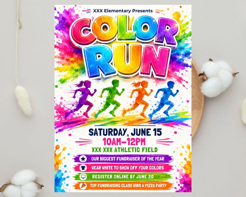 Color Run Flyer Template Editable in Canva | School Fundraiser Fun Run ...