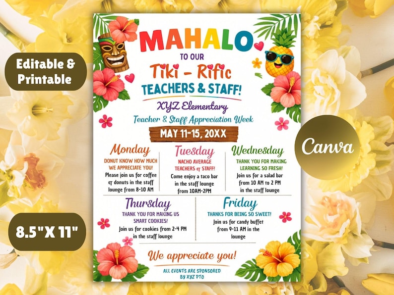 Editable Hawaiian Themed Teacher Appreciation Week Itinerary Beach ...