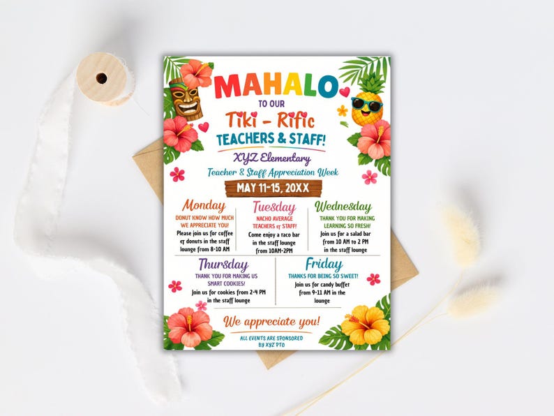 Editable Hawaiian Themed Teacher Appreciation Week Itinerary Beach ...
