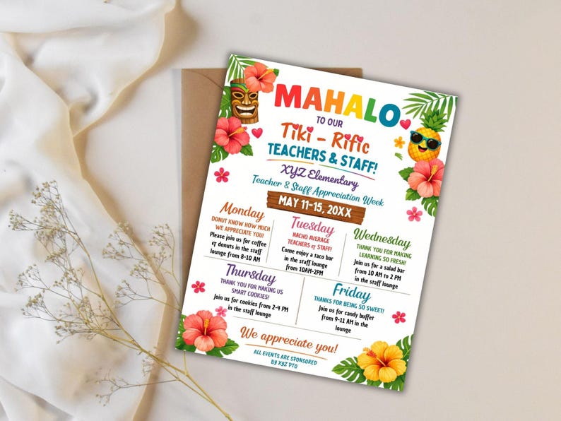 Editable Hawaiian Themed Teacher Appreciation Week Itinerary Beach ...