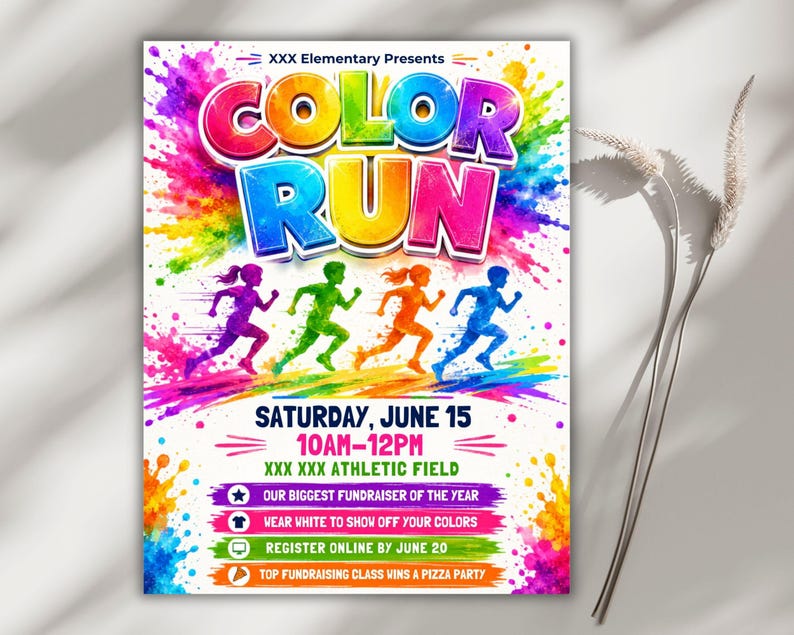 Color Run Flyer Template Editable in Canva | School Fundraiser Fun Run ...