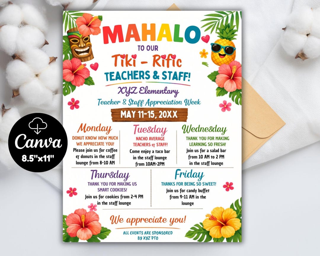 Editable Hawaiian Themed Teacher Appreciation Week Itinerary Beach ...