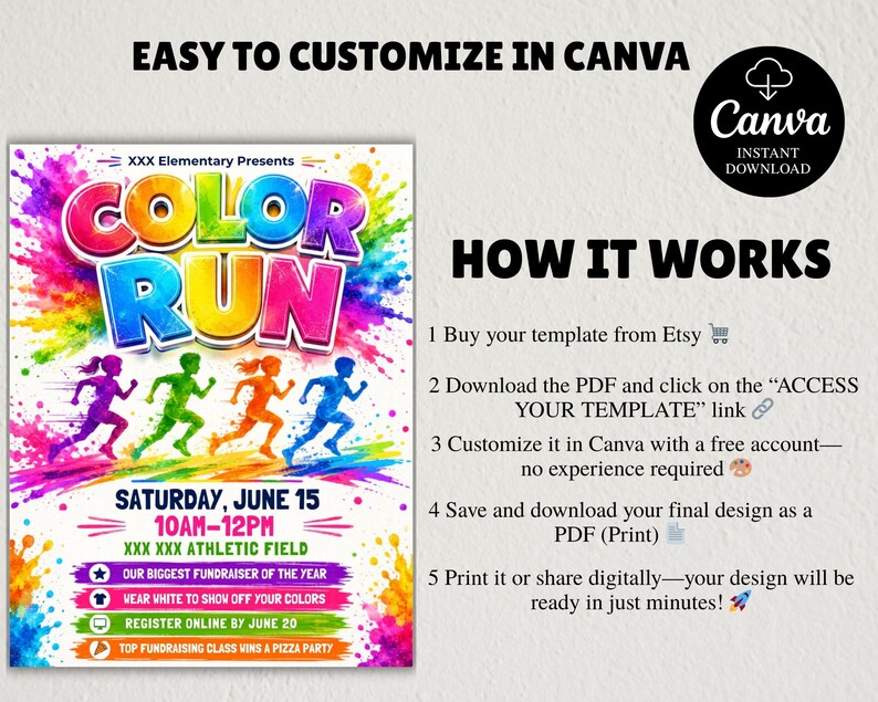 Color Run Flyer Template Editable in Canva | School Fundraiser Fun Run ...