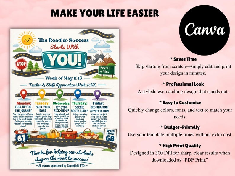 Editable Road Trip Teacher & Staff Appreciation Week Travel Itinerary ...