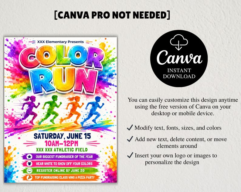 Color Run Flyer Template Editable in Canva | School Fundraiser Fun Run ...