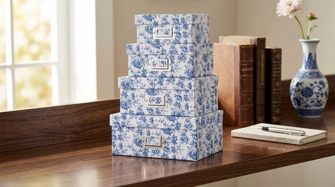 Blue and White Storage Boxes Set of 4, Waterproof Decorative Storage ...