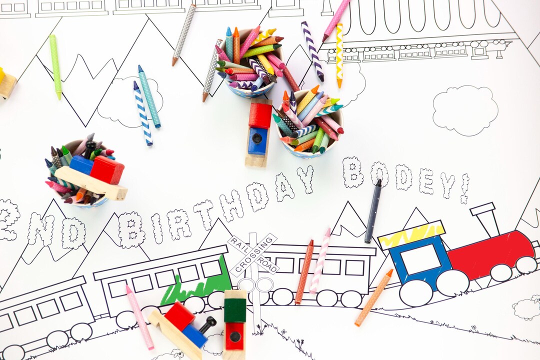 Train Birthday Coloring Page Table Runner First Birthday Decorations ...