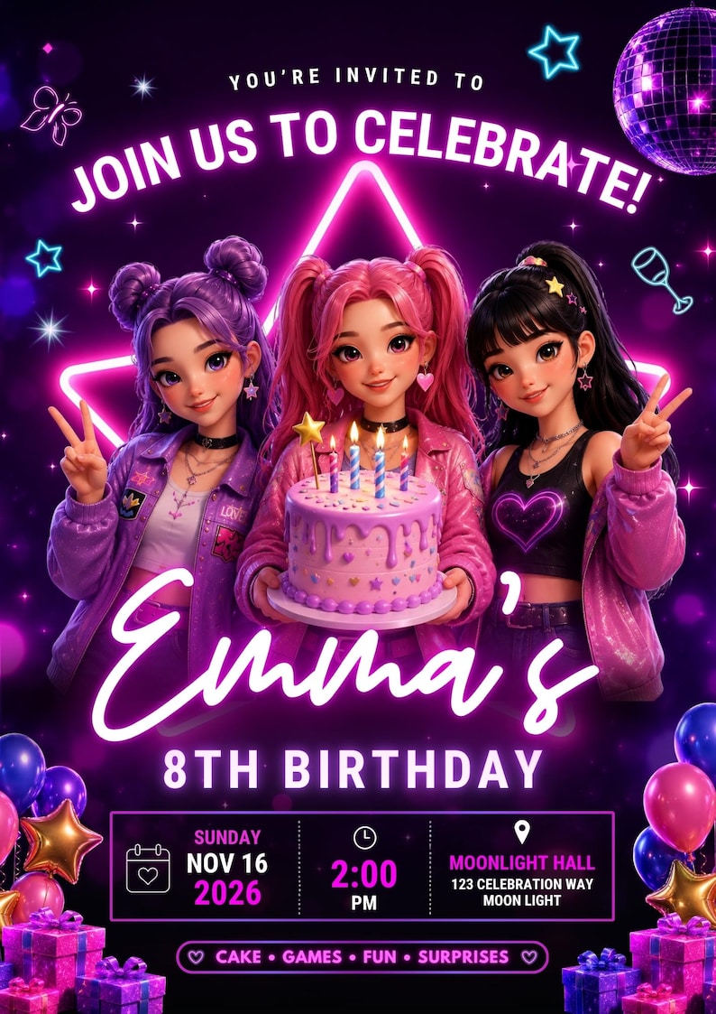 Aesthetic Girls Birthday Invitation Canva Template, Neon Glow Party ...