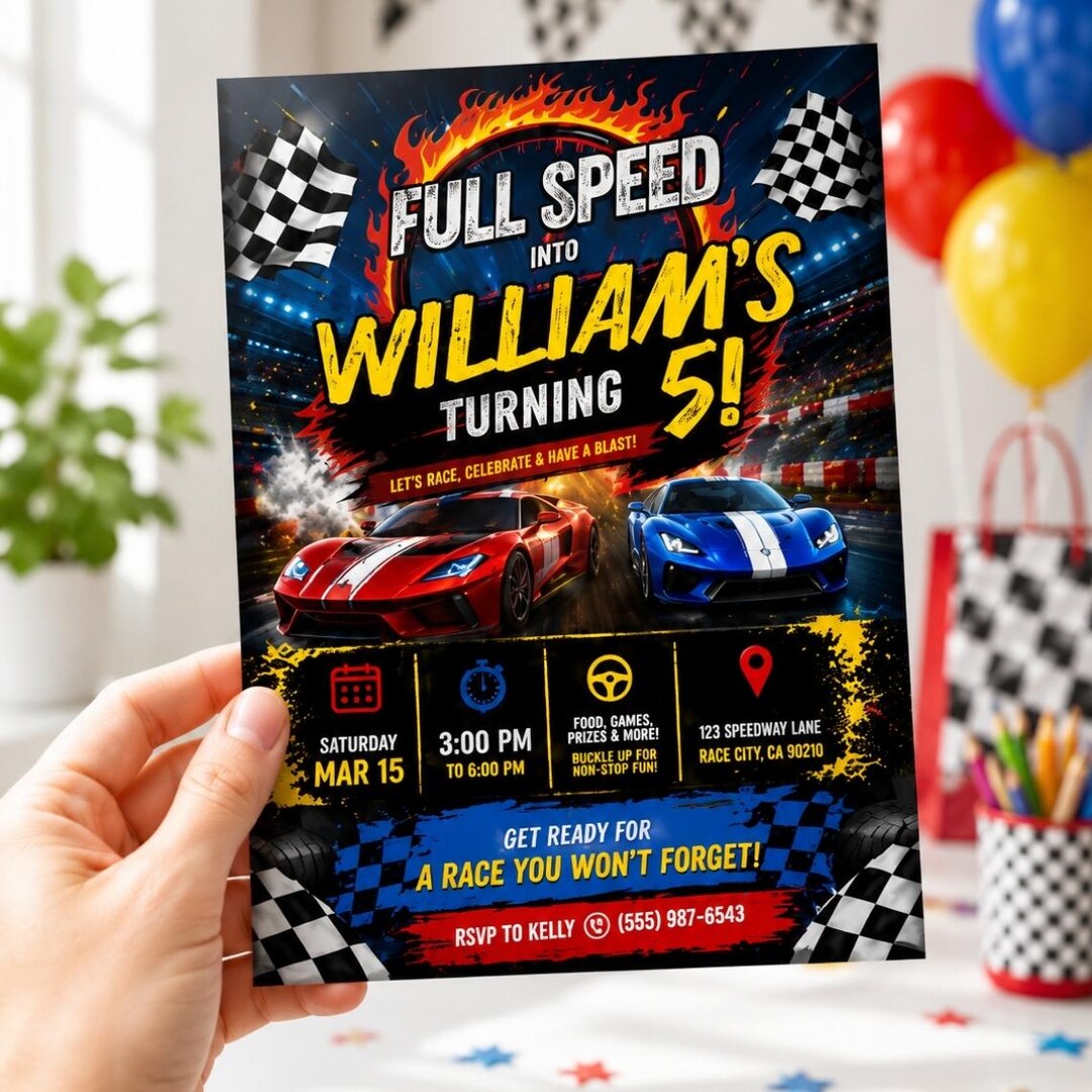 Race Car Birthday Invitation Canva Template, Fast Cars Party Invite for ...