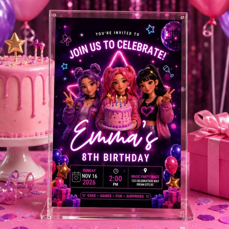 Aesthetic Girls Birthday Invitation Canva Template, Neon Glow Party ...