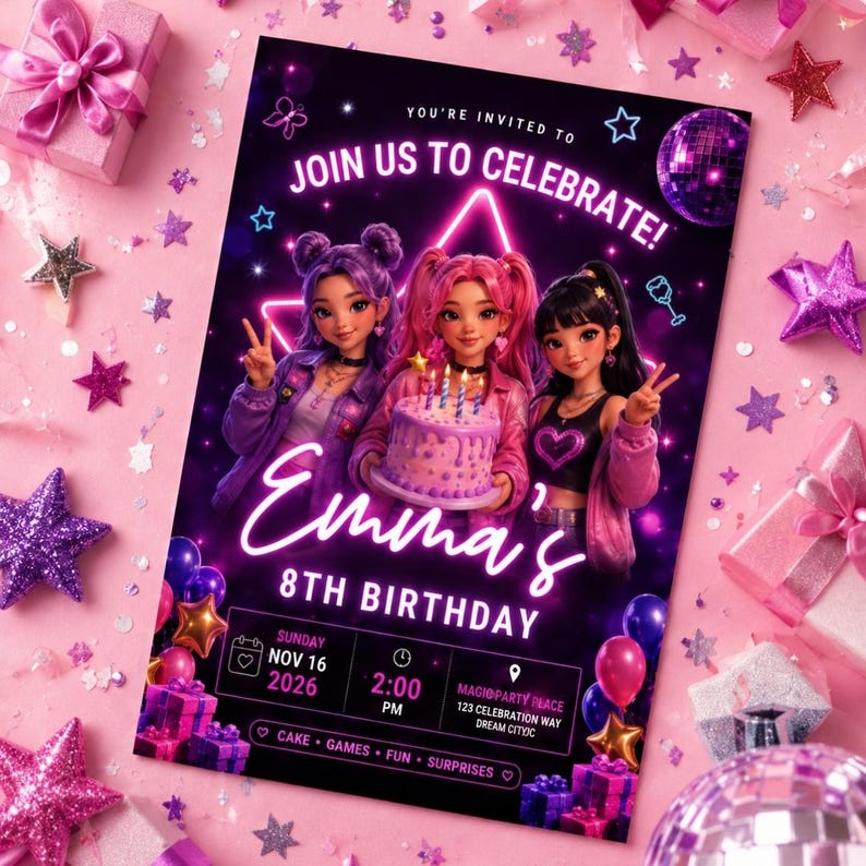 Aesthetic Girls Birthday Invitation Canva Template, Neon Glow Party ...