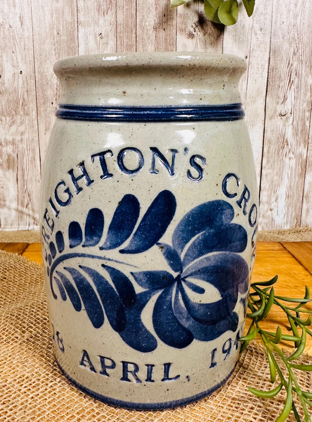 Stoneware Crock With Blue Slip Floral Decoration and Date Inscription ...