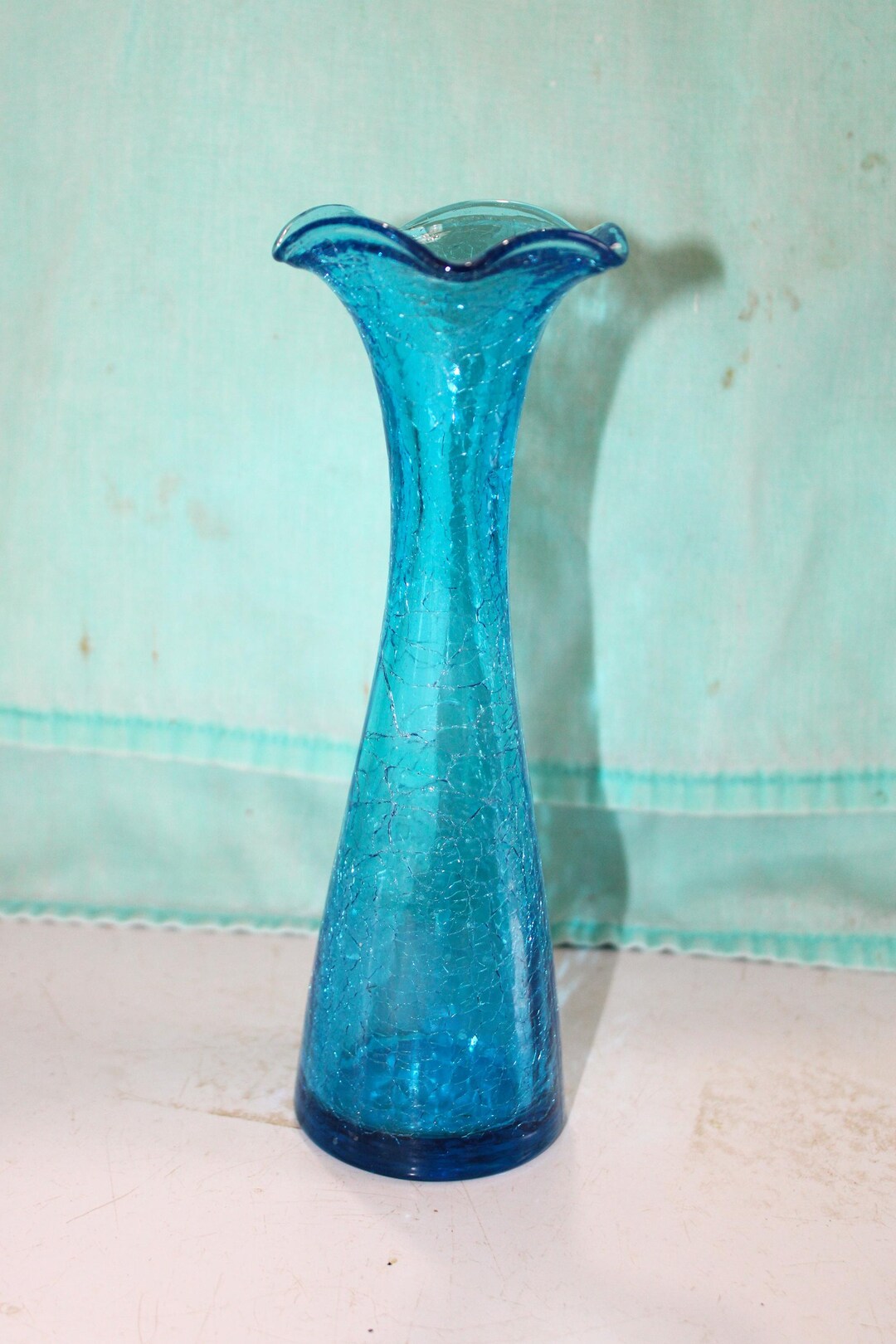 Gorgeous Vintage Blenko Handblown Crackle Glass Ruffle 8" Blue Vase ...