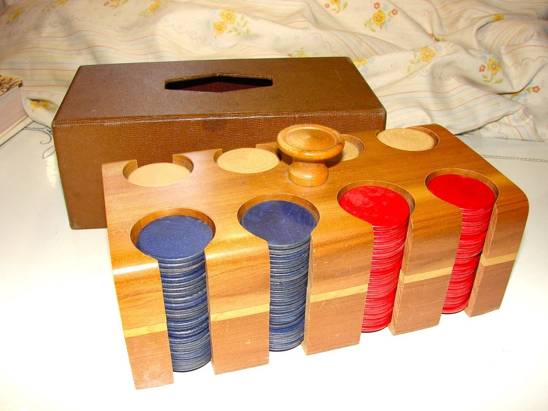 Nice Unusual Rectangular Poker Chip Holder With 8 Stacks of Wooden ...