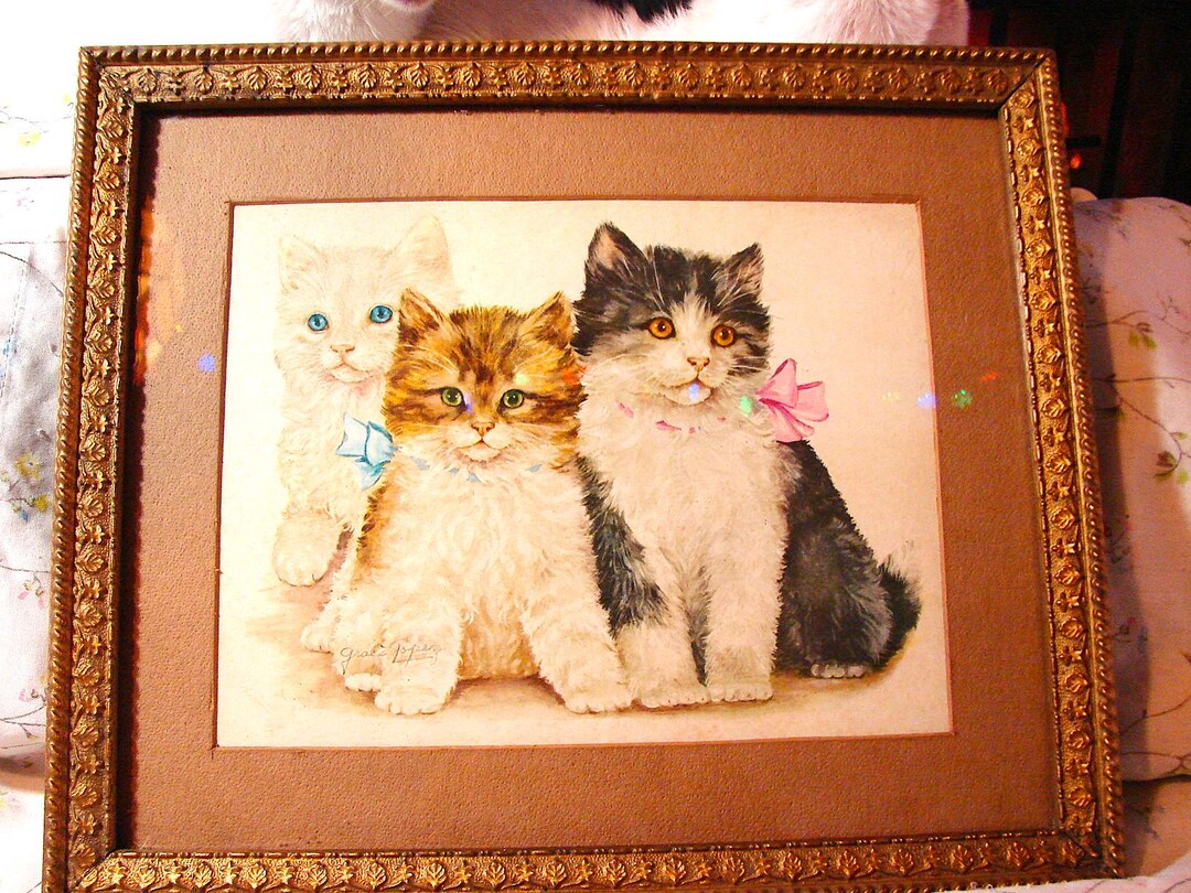 Very Cute Antique Framed Print of Three Kittens by Grace Lopez in ...