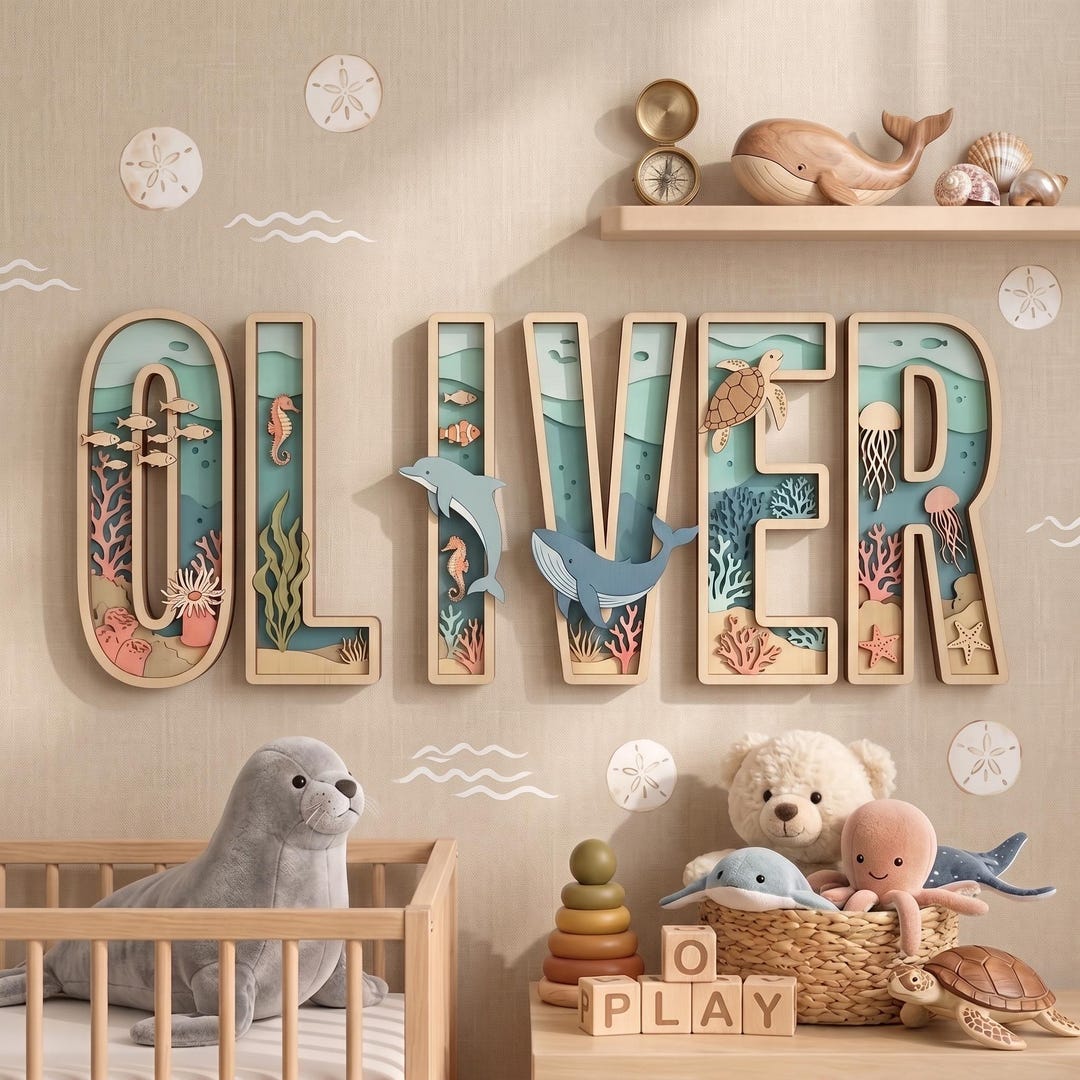 Custom Ocean Wooden Name Sign Personalized Under the Sea Nursery Wall ...
