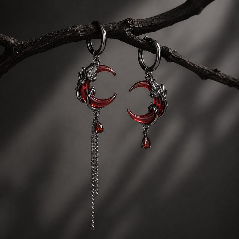 Gothic Blood Moon Earrings, Asymmetrical Earrings, Red Moon Drop ...