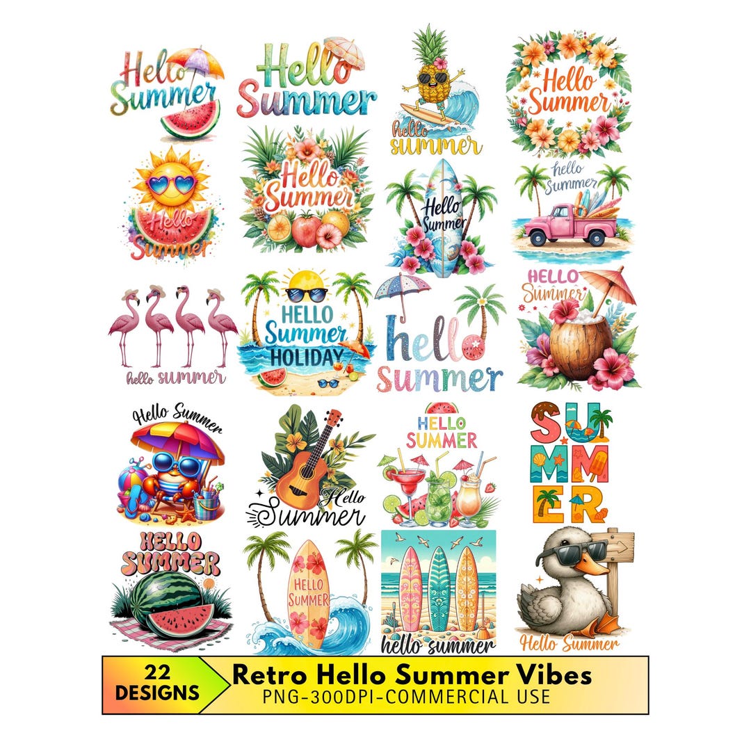 Hello Summer Clipart Bundle Png Retro Summer Vibes Png 22 Summer