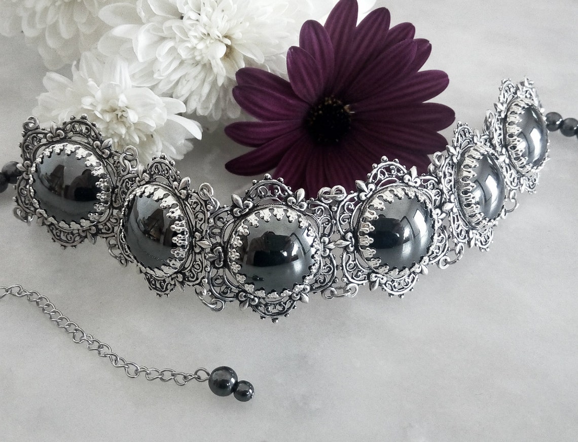 Silver Gothic Choker / Grey Black Choker / Hematite Choker / - Etsy