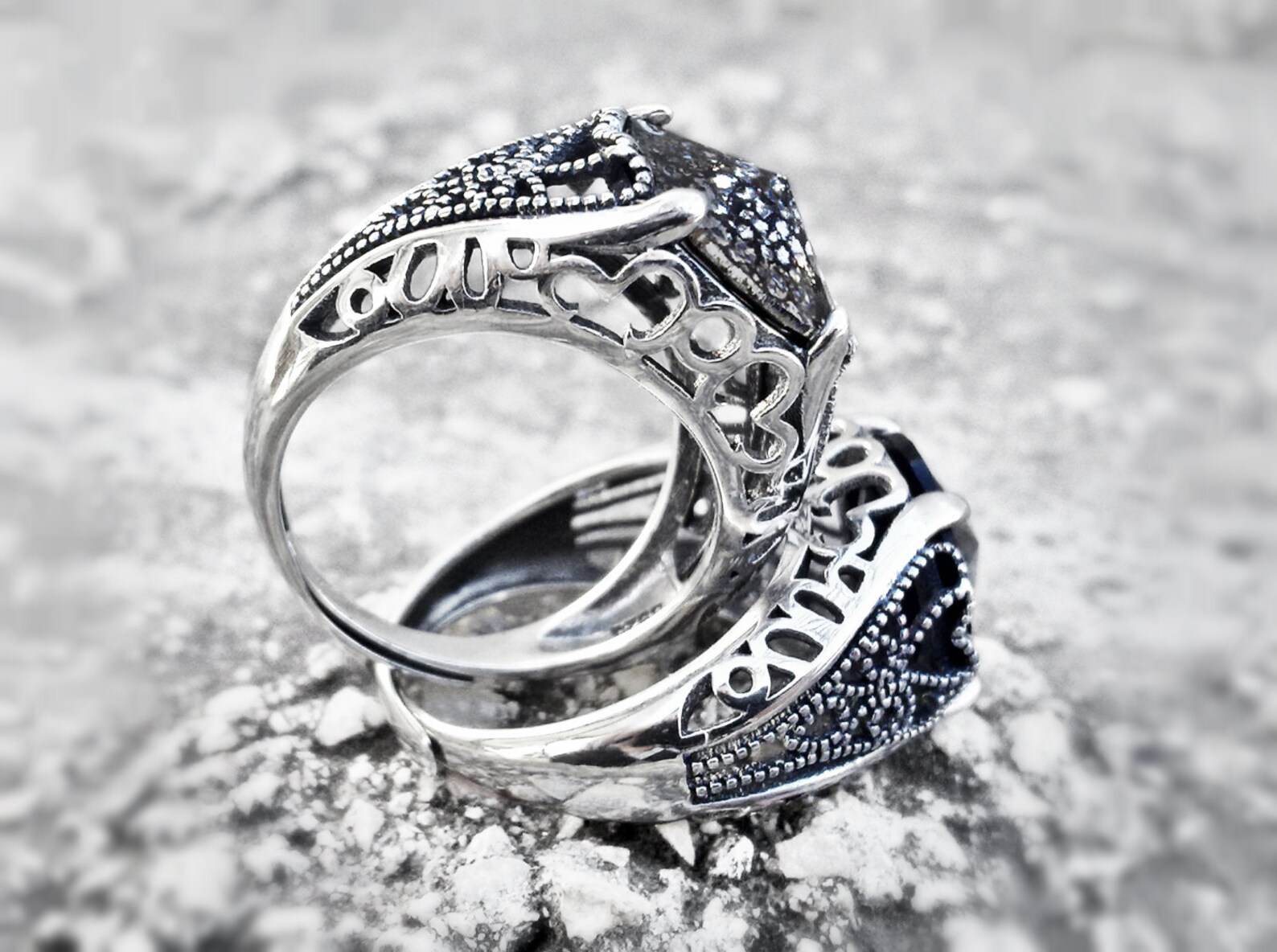 Gothic Ring Black Crystal Ring Sterling Silver Unisex Ring - Etsy