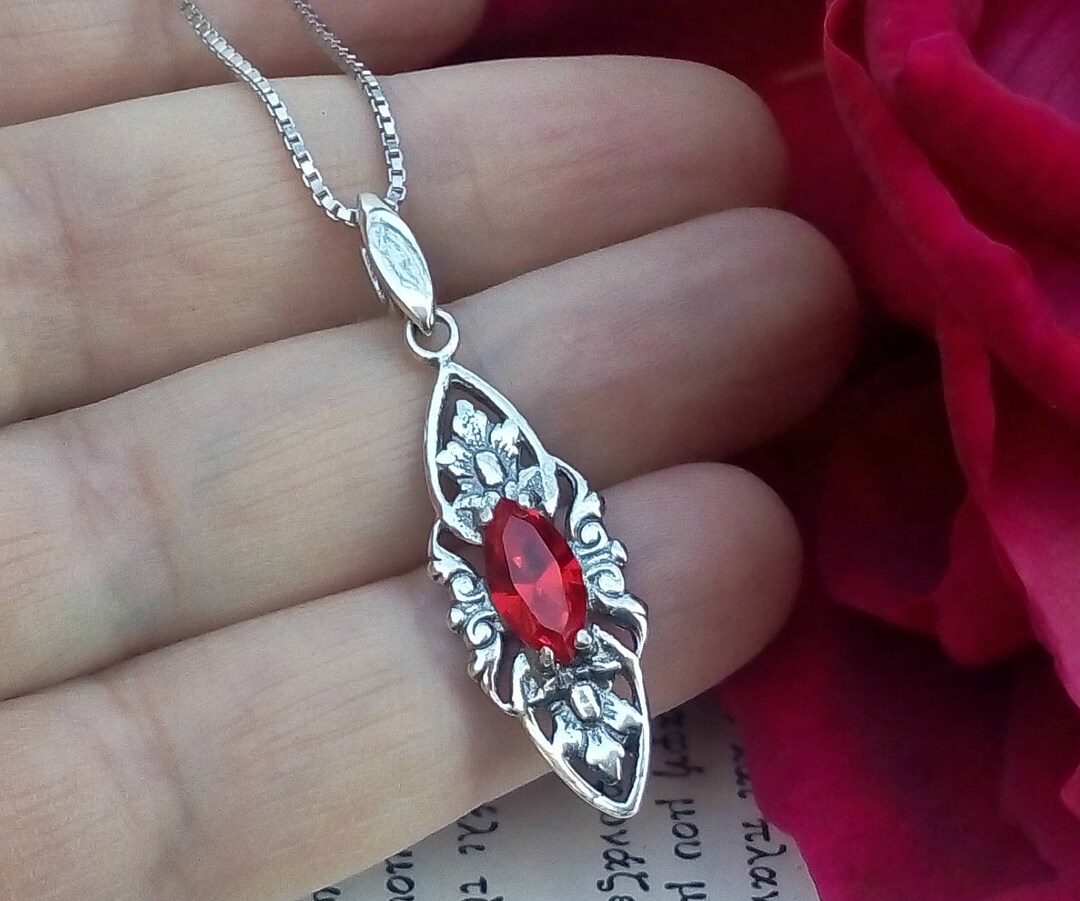 Red Crystal Necklace Victorian Necklace Sterling Silver Filigree ...