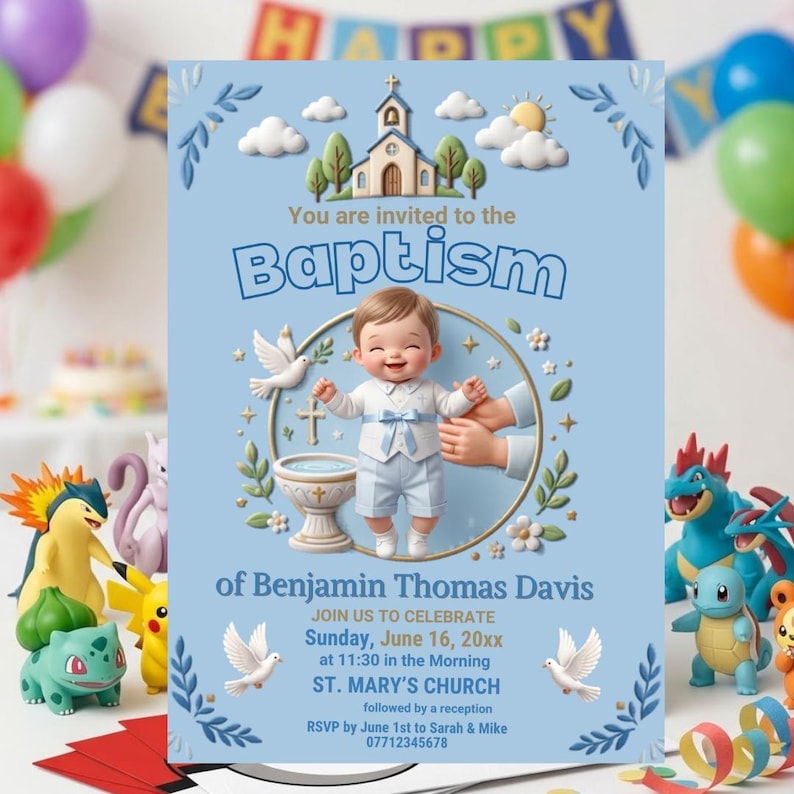 Blue Baptism 3d Invitation, Boy Baptism, First Communion Invite ...