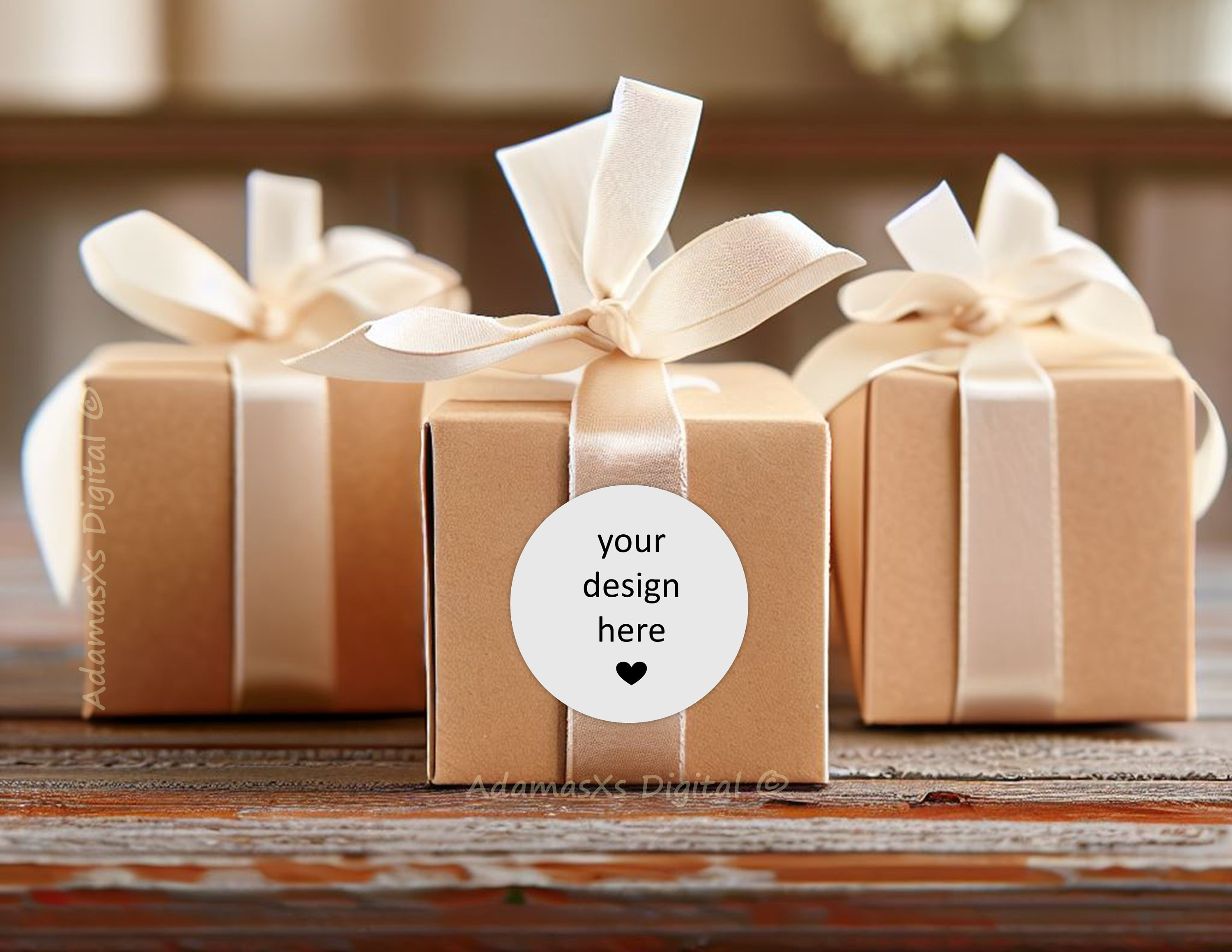 Favor Bag Sticker Mockup, Favor Box Mockup, Label Mockup, Wood Counter ...