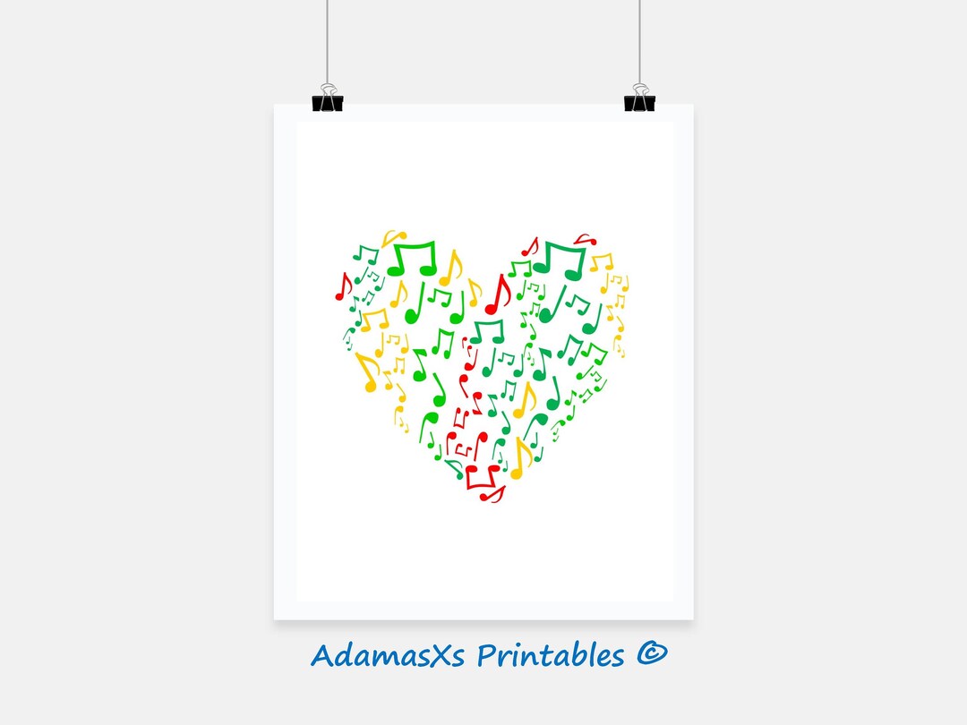 Music Print Art, Music Notes Print, Heart Poster Design, Heart ...