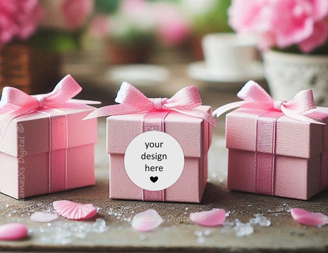 Favor Bag Sticker Mockup, Pink Favor Box Mockup, Label Mockup, Wood ...