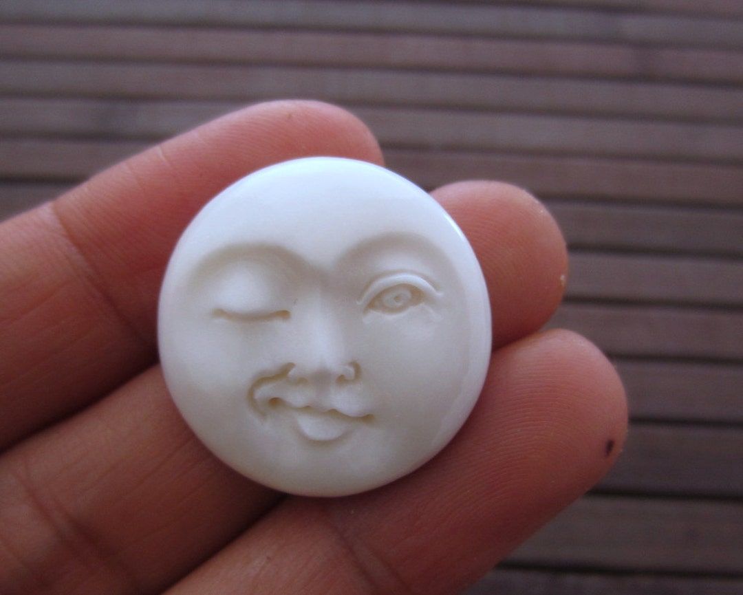 Winking Moon (right Eye), 25mm Moon Face Cabochon, Buffalo Bone Carving ...