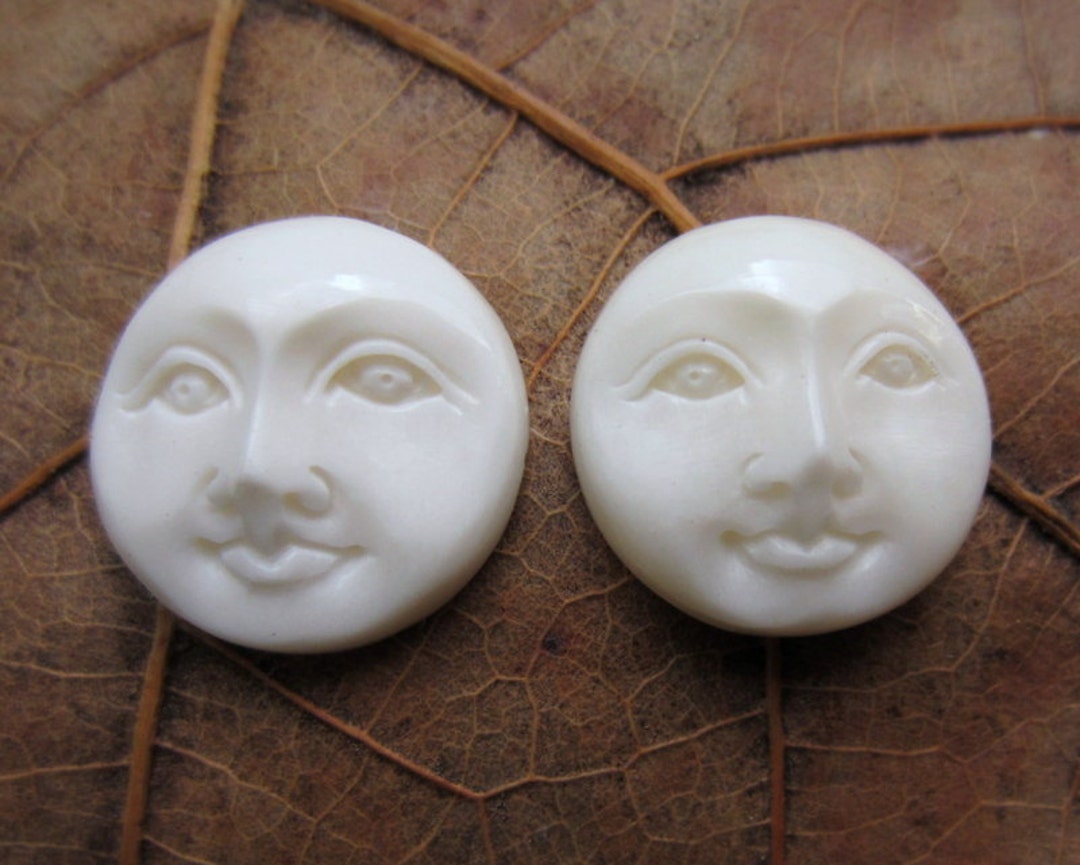 Pair 15 Mm Moon Face Cabochon With Open Eyes Hand Carved Ox - Etsy
