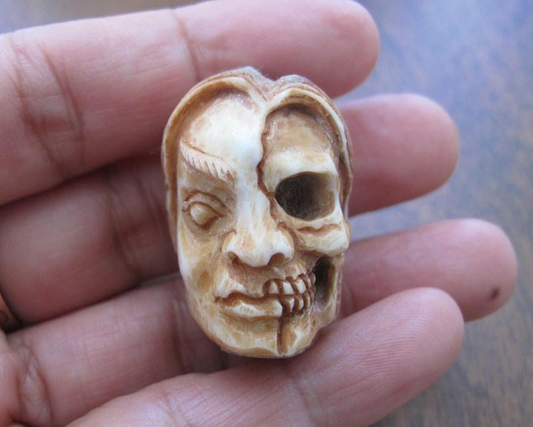 Antique Look Unique Two Face Skull, Bone Sculpture, Carved Deer Antler ...