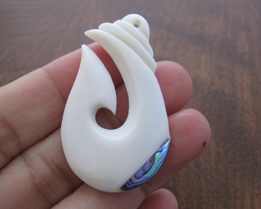 Beautiful KORU Hook Pendant, Ox Bone Carving With Paua Inlay, Jewelry ...