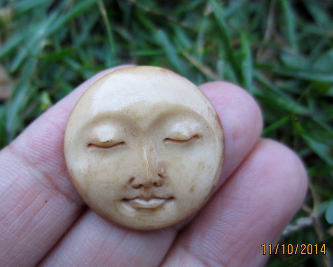 25 Mm Carved Moon Face, Buffalo Bone Cabochon Hand Carving ...