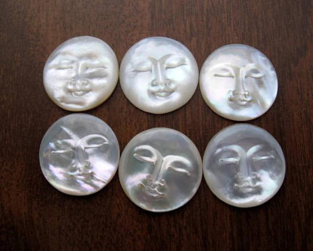 20mm Moon Face Cabochon With CLOSED Eyes, Hand Carved Yellow Mother of ...