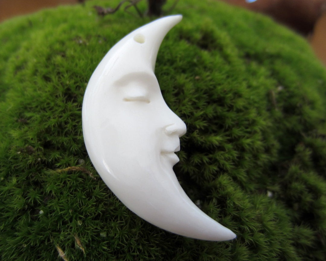 Crescent Moon Face With CLOSED Eyes, Buffalo Bone Carving, Double Sided ...