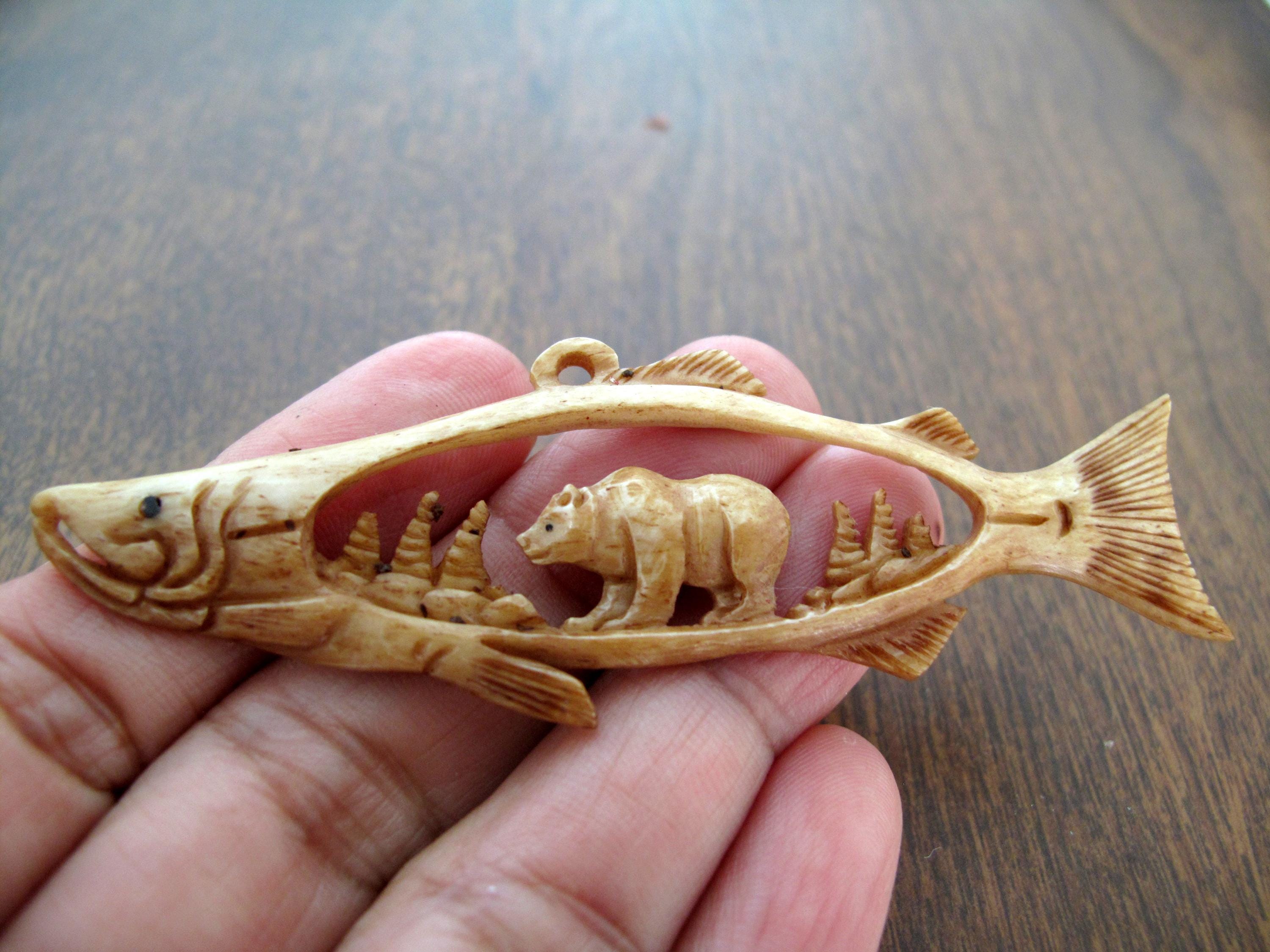 Gorgeous Hand Carved Fish With Bear Pendant, Water Buffalo Bone Carving ...