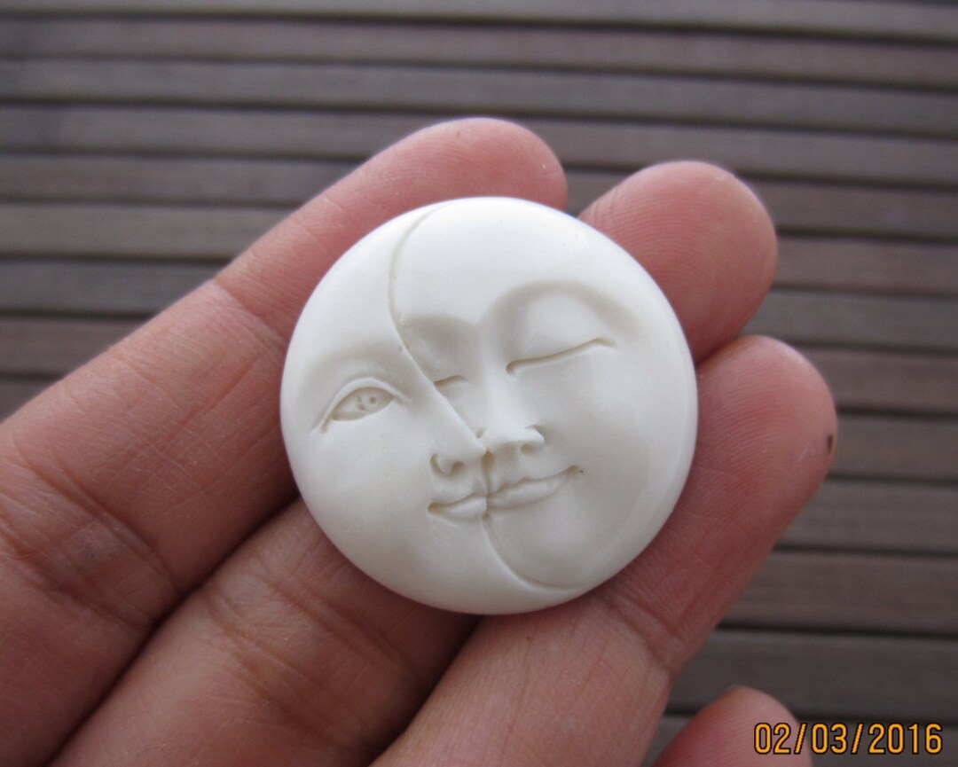 30 Mm Two Moon Face Cabochon, Hand Carved Buffalo Bone, Moon Phase Open ...