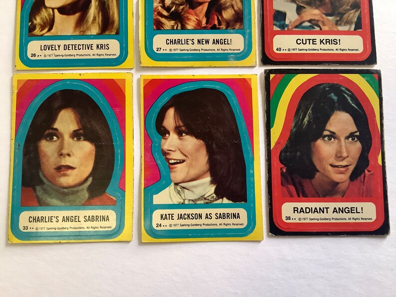 1977 Charlies Angels KELLY, KRIS,SABRINA Cards/stickers, Set of 9, Spelling-goldberg Productions ...