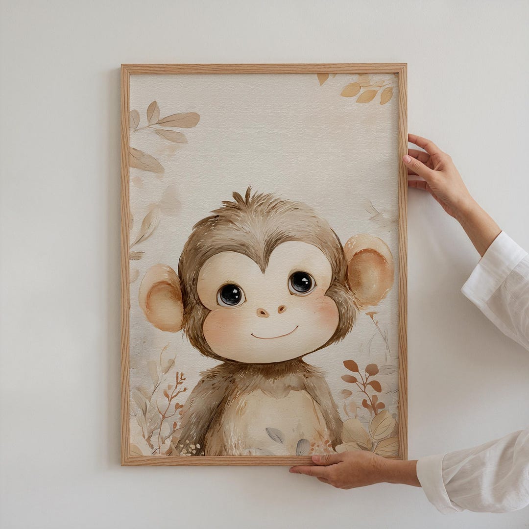 Baby Monkey Nursery Print | Watercolor Jungle Animal Wall Art - Etsy